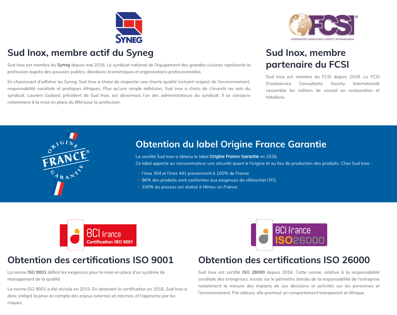 Syneg, OFG, ISO 9001 et 26000 : adhésion, labels et normes | SUDINOX